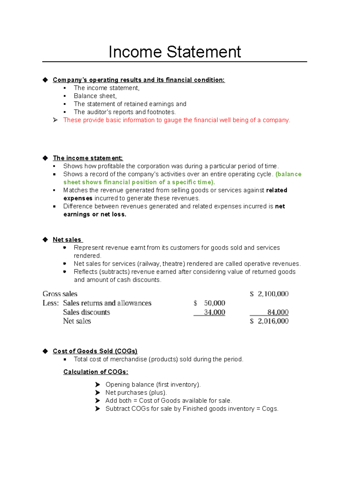 Income Statment - Formulas and summary - Income Statement Company’s ...