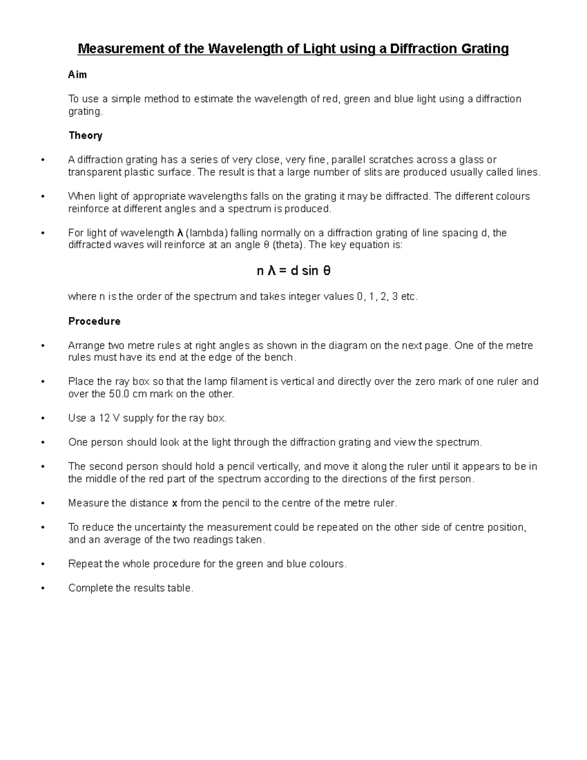 Unit 4 - Diffraction Class Experiment - Measurement of the Wavelength ...