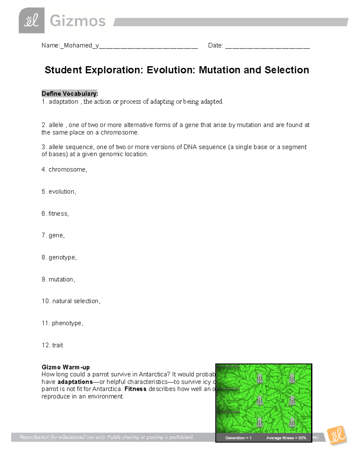Evolution Mutation Selection Gizmos 1 - Name:Mohamed_y___________________________ Date: - Studocu