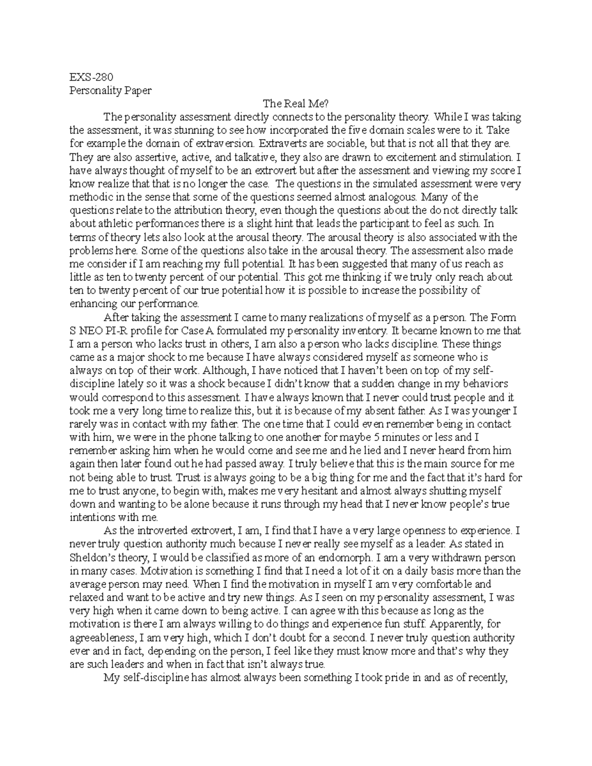 Personslity paper - EXS- Personality Paper The Real Me? The personality ...