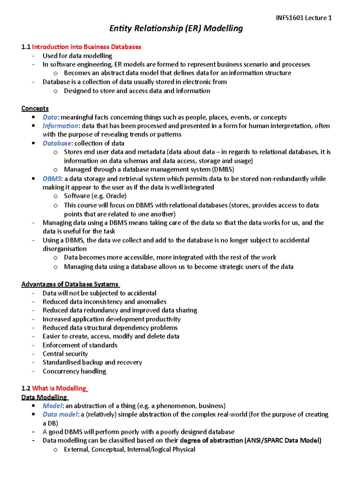 Lecture 1 - ER Modelling university of New South Wales infs1602 - Entity Relationship (ER ...