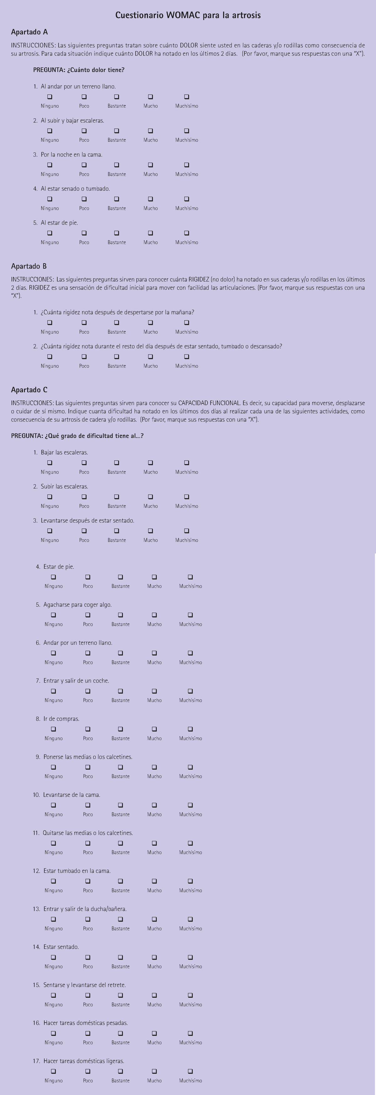Escala Womac - Cuestionario WOMAC para la artrosis Apartado A ...