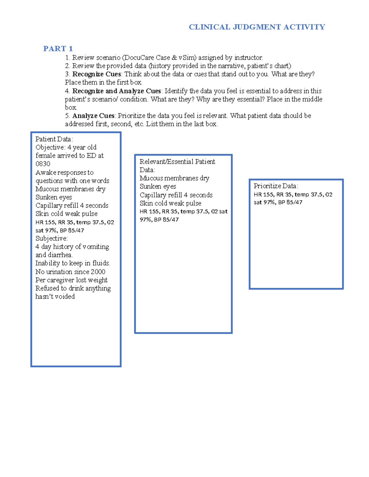Eva M Pre-Clinical Clinical Judgment Worksheet - CLINICAL JUDGMENT ...