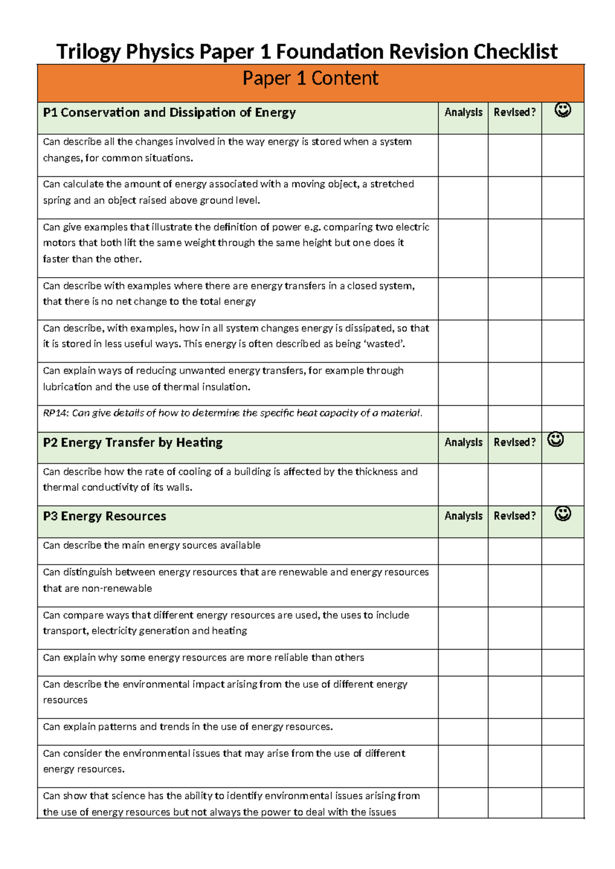 Combined Science Physics Paper 1 Foundation Checklist - Paper 1 Content ...