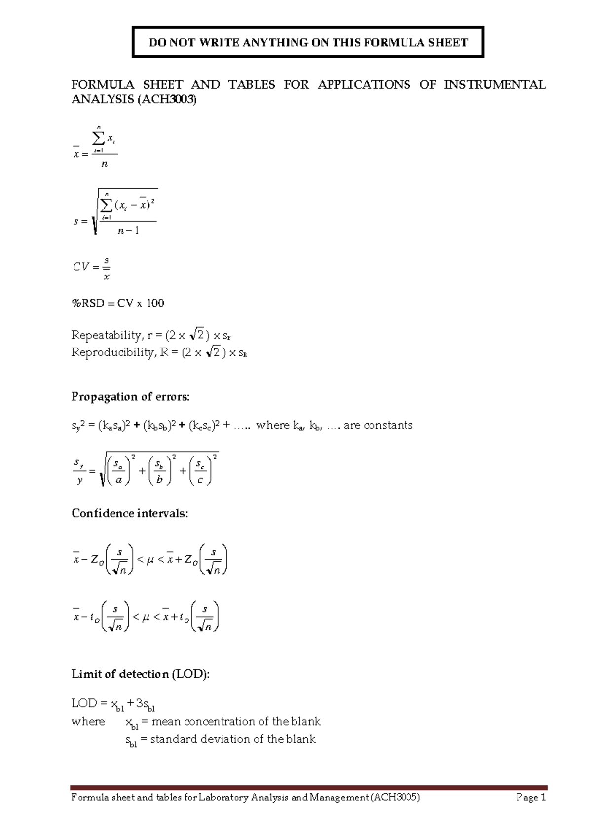 LAM Formula Sheet - FORMULA SHEET AND TABLES FOR APPLICATIONS OF ...