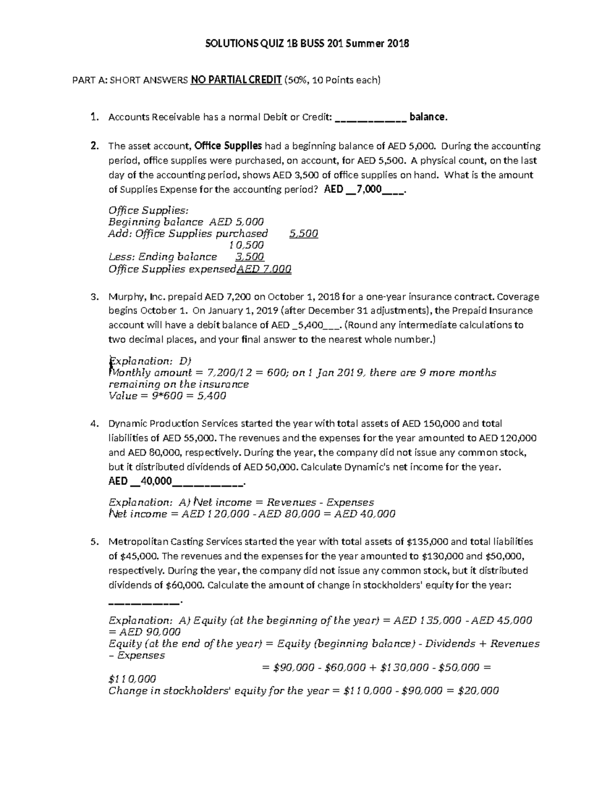 BUSS 201-Quiz 1B-Summer 2018-solutions - SOLUTIONS QUIZ 1B BUSS 201 ...