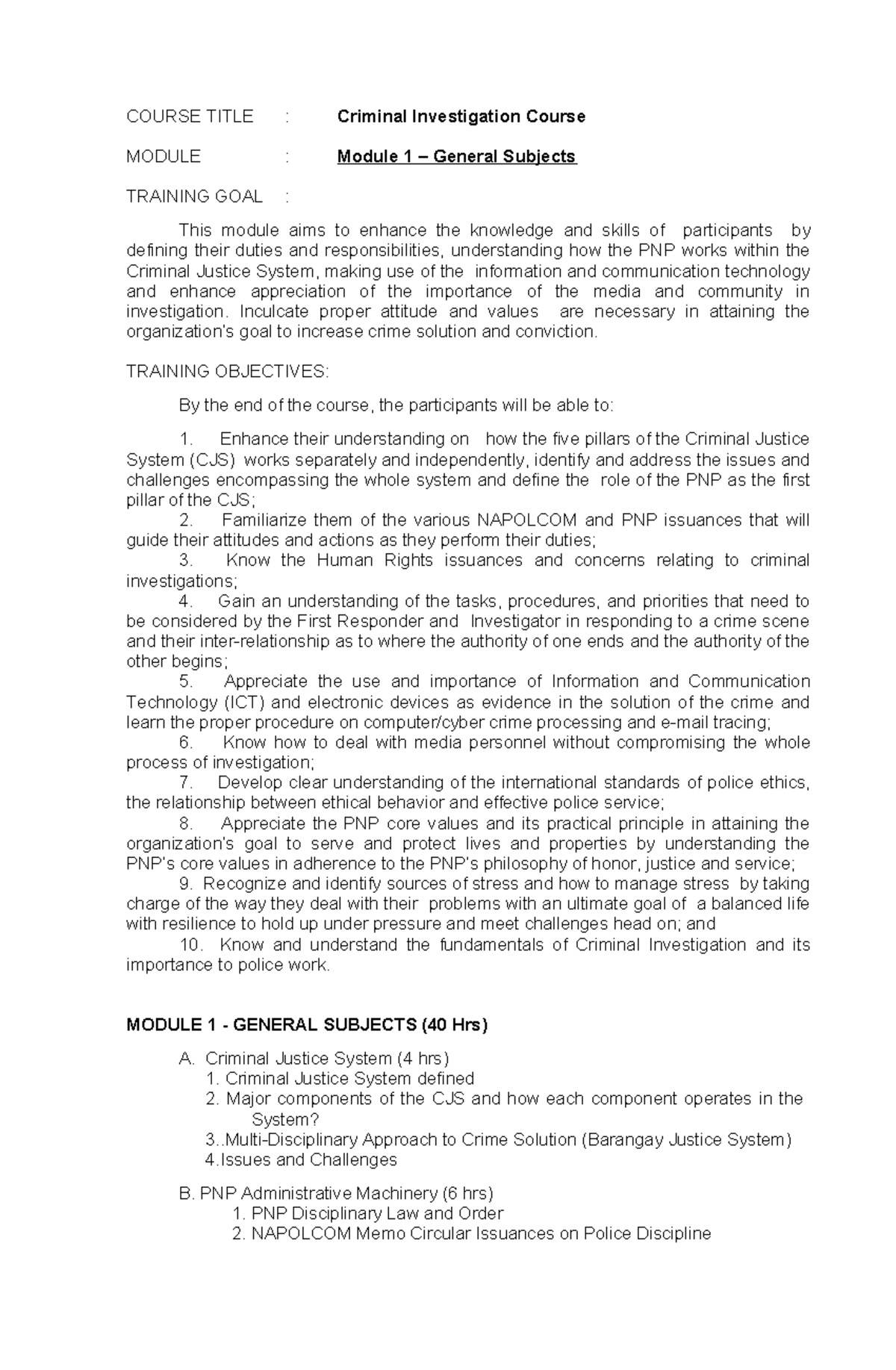 1. Lesson Plan CJS - Criminal Investigation - COURSE TITLE : Criminal ...