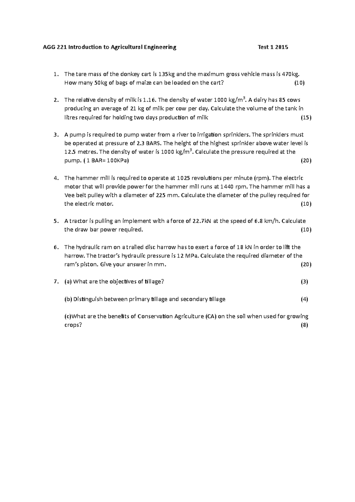 Test 1 January 2015, questions and answers - AGG 221 Introduction to ...