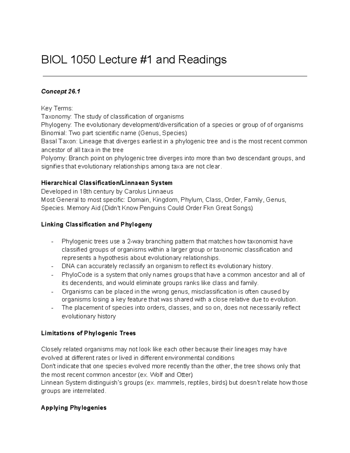 BIOL 1050 Lecture #1 and Readings - BIOL 1050 Lecture #1 and Readings ...