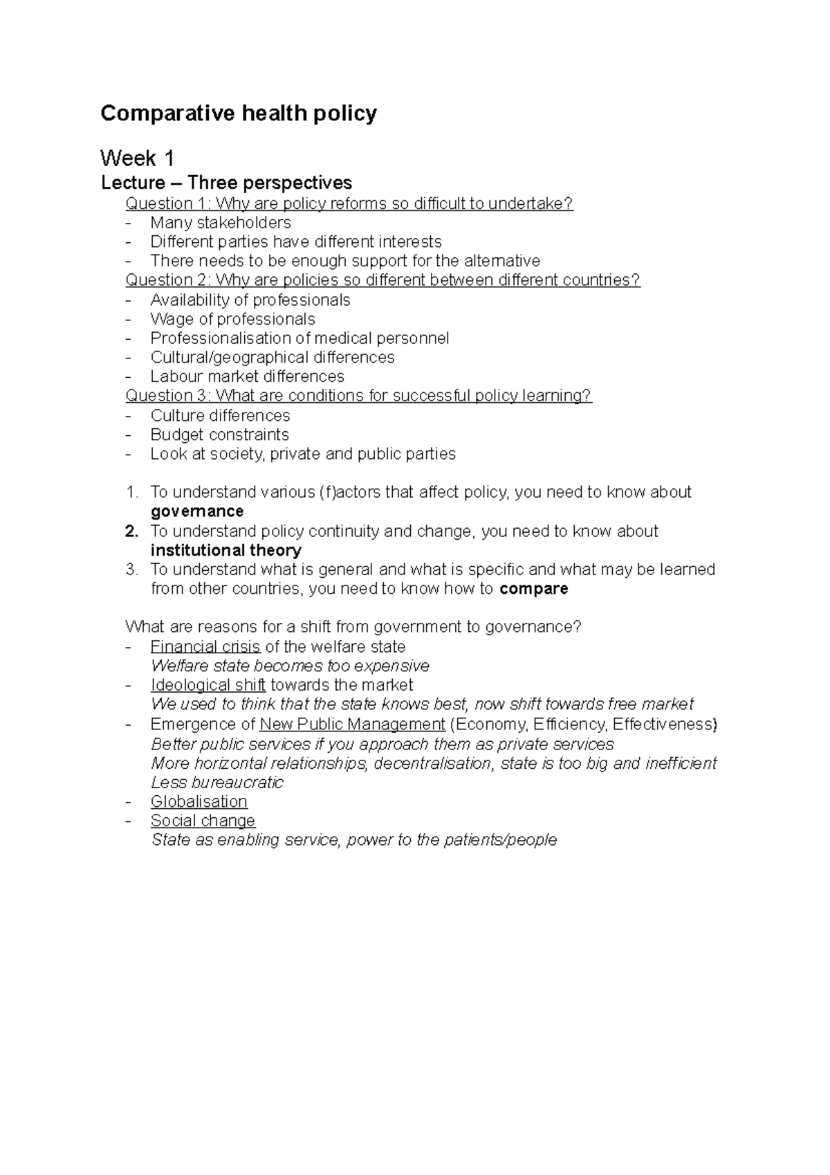 Comparative health policy summary literature - Comparative health ...