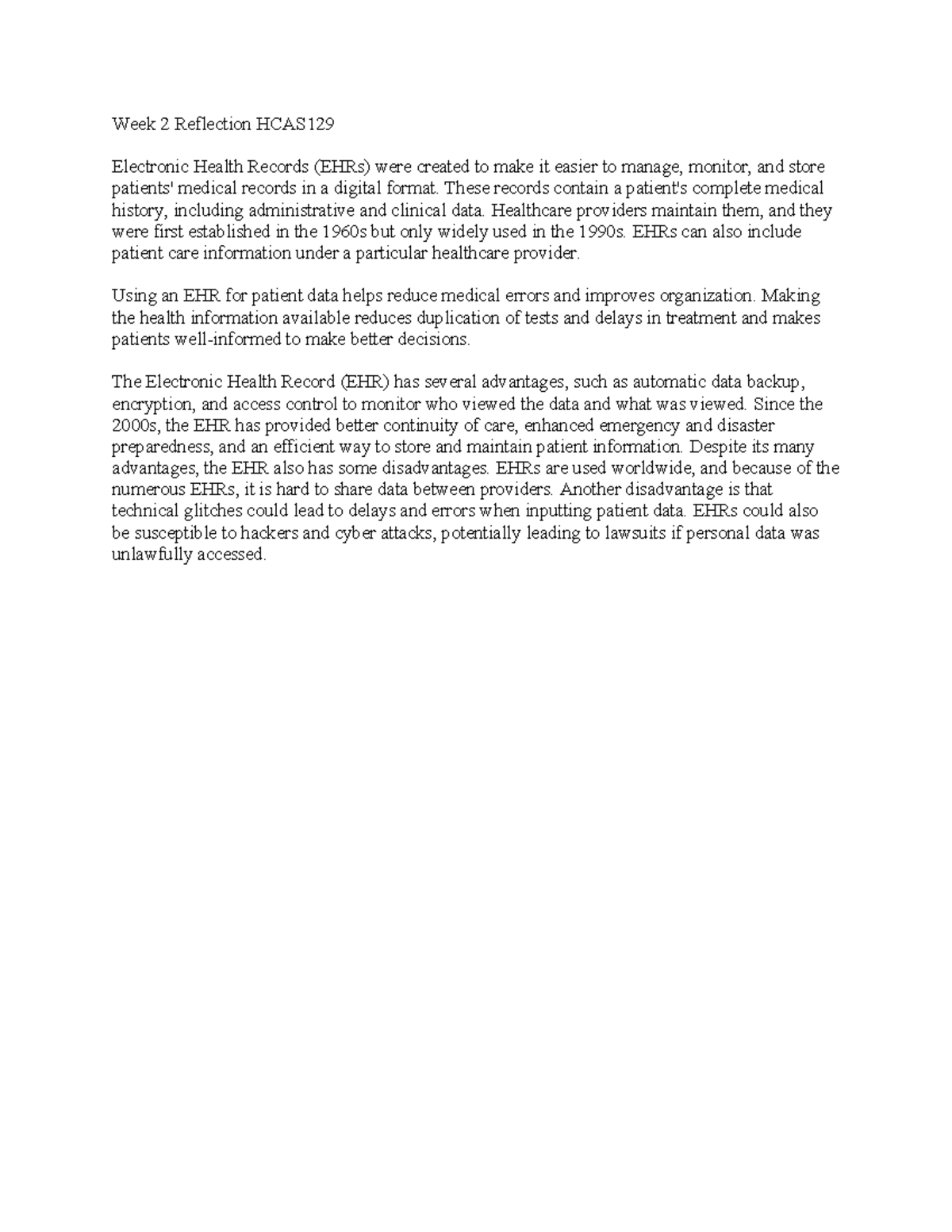 Week 2 Reflection HCAS129 - Week 2 Reflection HCAS Electronic Health ...