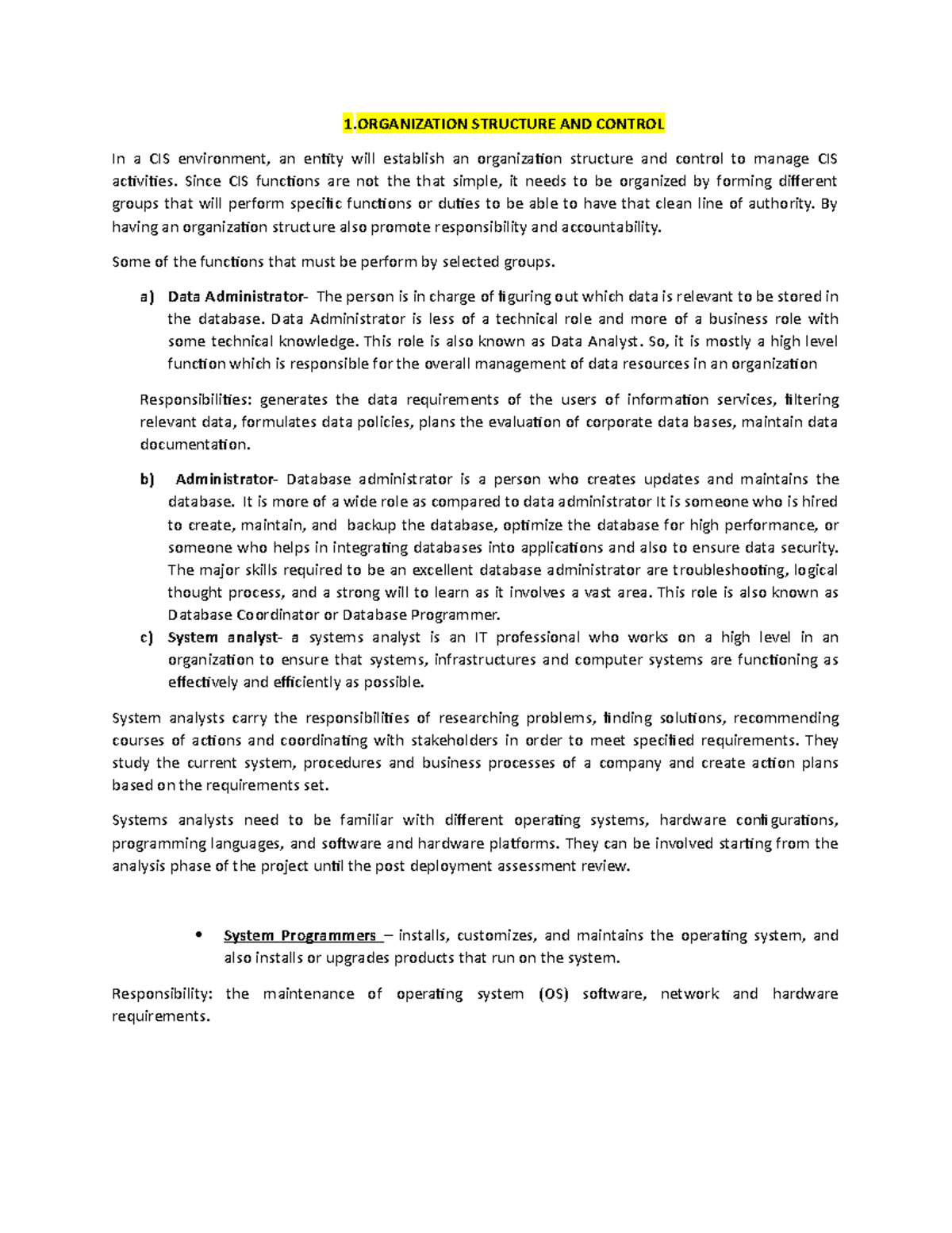 Group 7CIS - CIS controls - 1 STRUCTURE AND CONTROL In a CIS ...