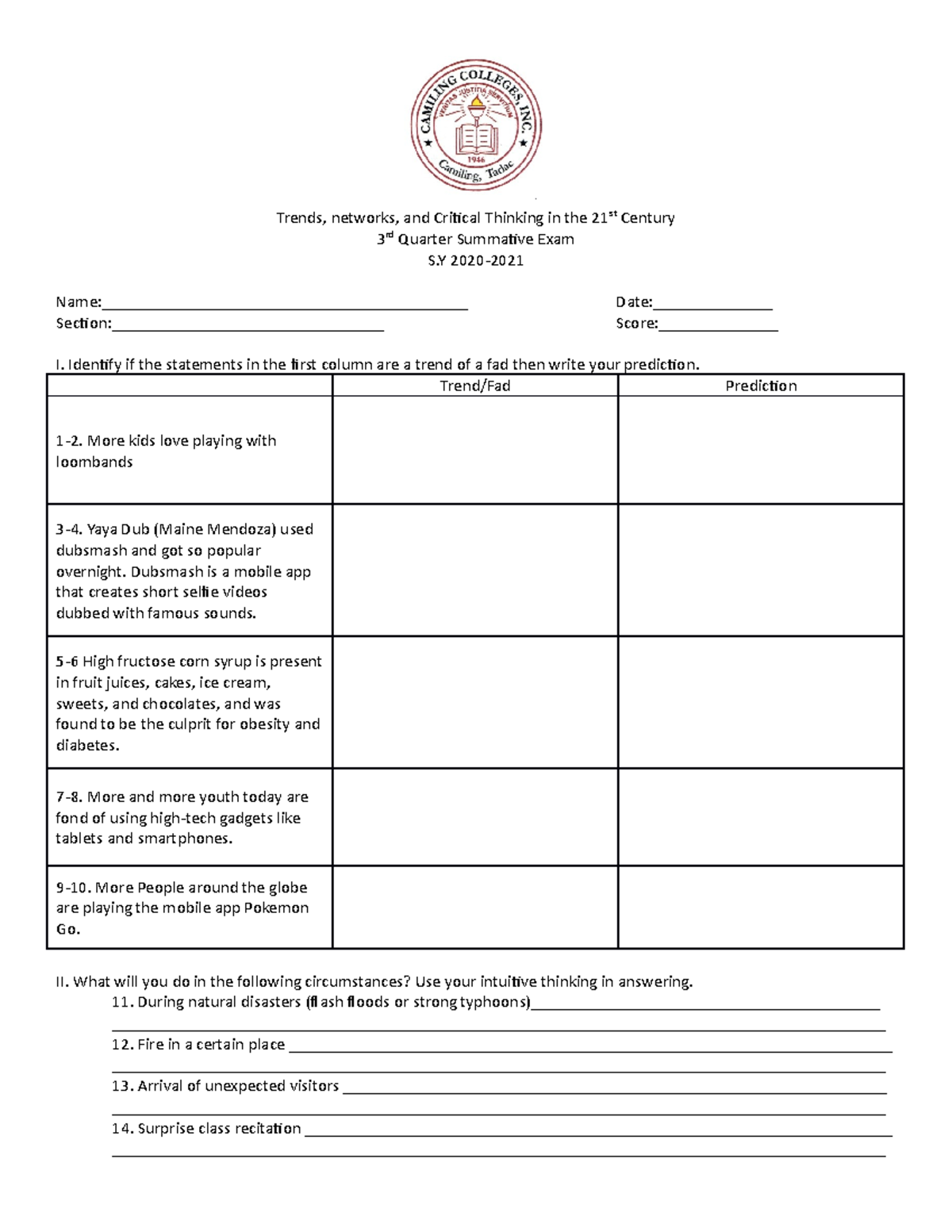 3rd summative-trends - TEST - Trends, networks, and Cri琀椀cal Thinking ...