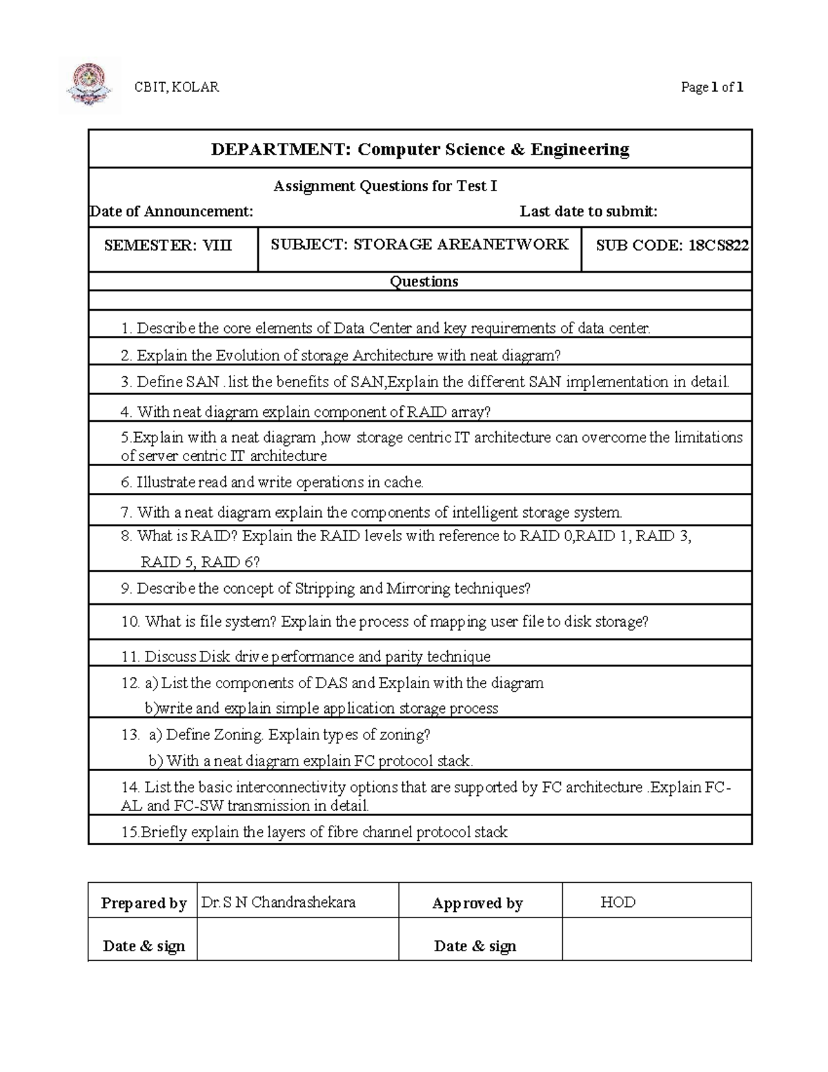 SAN- Assign 1(2024) - CBIT, KOLAR Page 1 of 1 DEPARTMENT: Computer ...