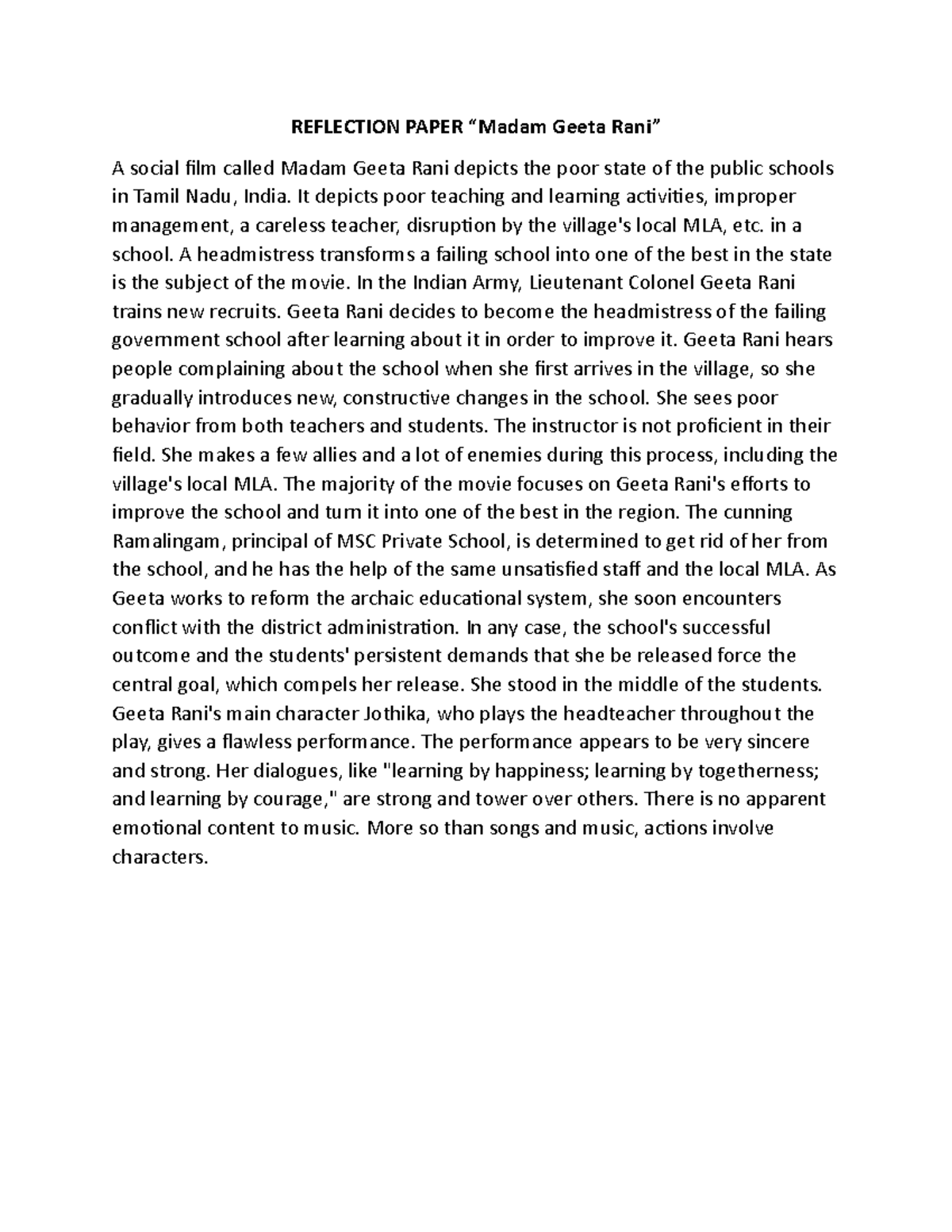 Reflection Paper 2 - REFLECTION PAPER “Madam Geeta Rani” A social film ...