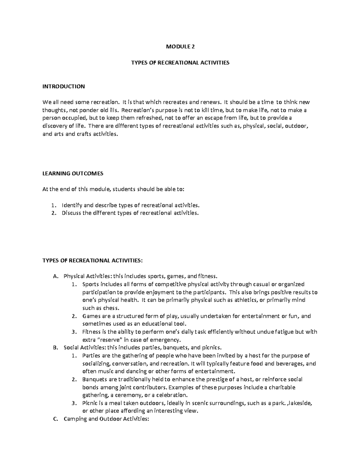 Module 2 recreational - Edukasyon - MODULE 2 TYPES OF RECREATIONAL ...
