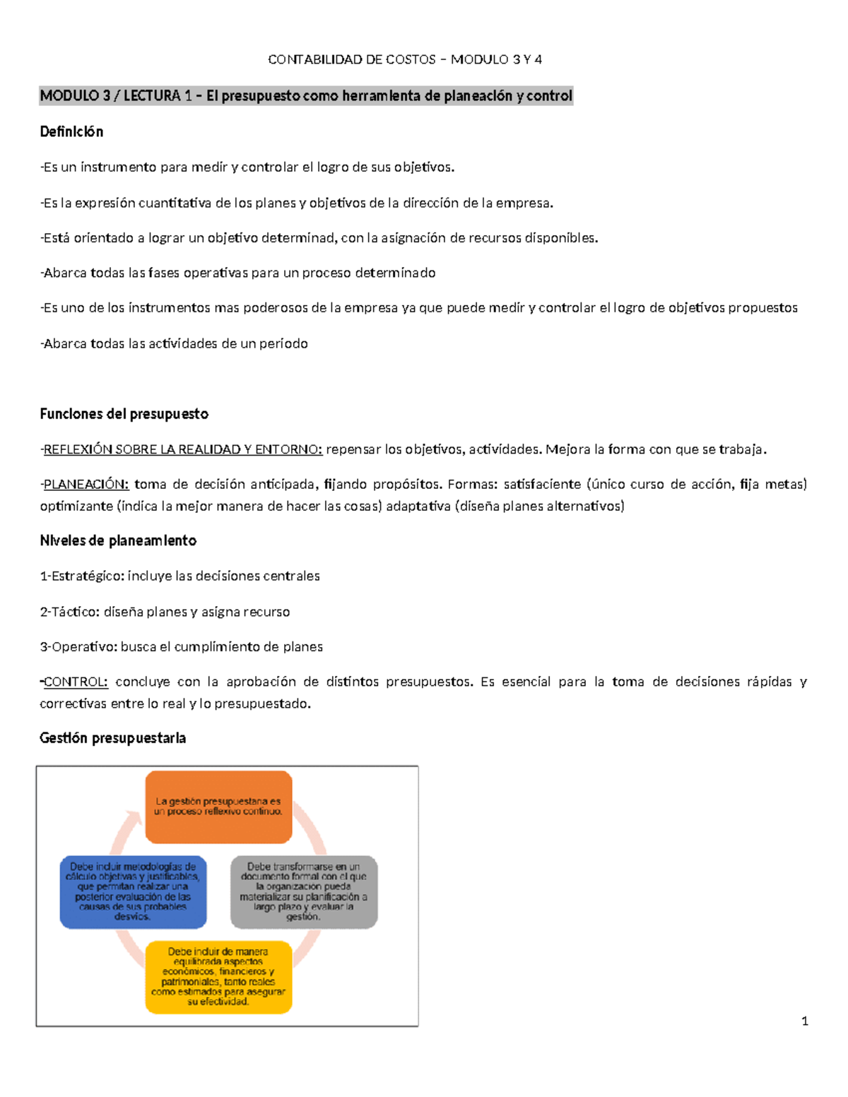 Costos mod 3 y 4 - resumen modulos 3 y 4 - MODULO 3 / LECTURA 1 – El presupuesto como ...