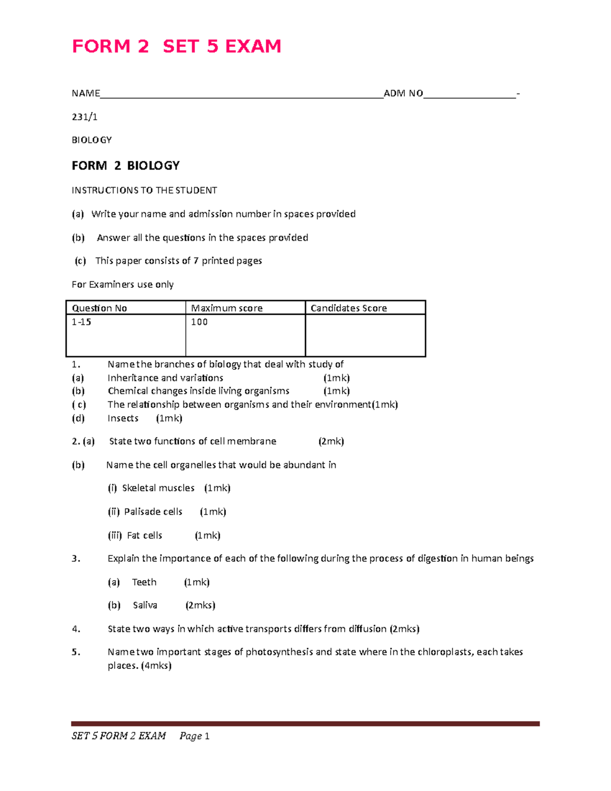 FORM 2 EXAM SET 5 - good work - NAME ...
