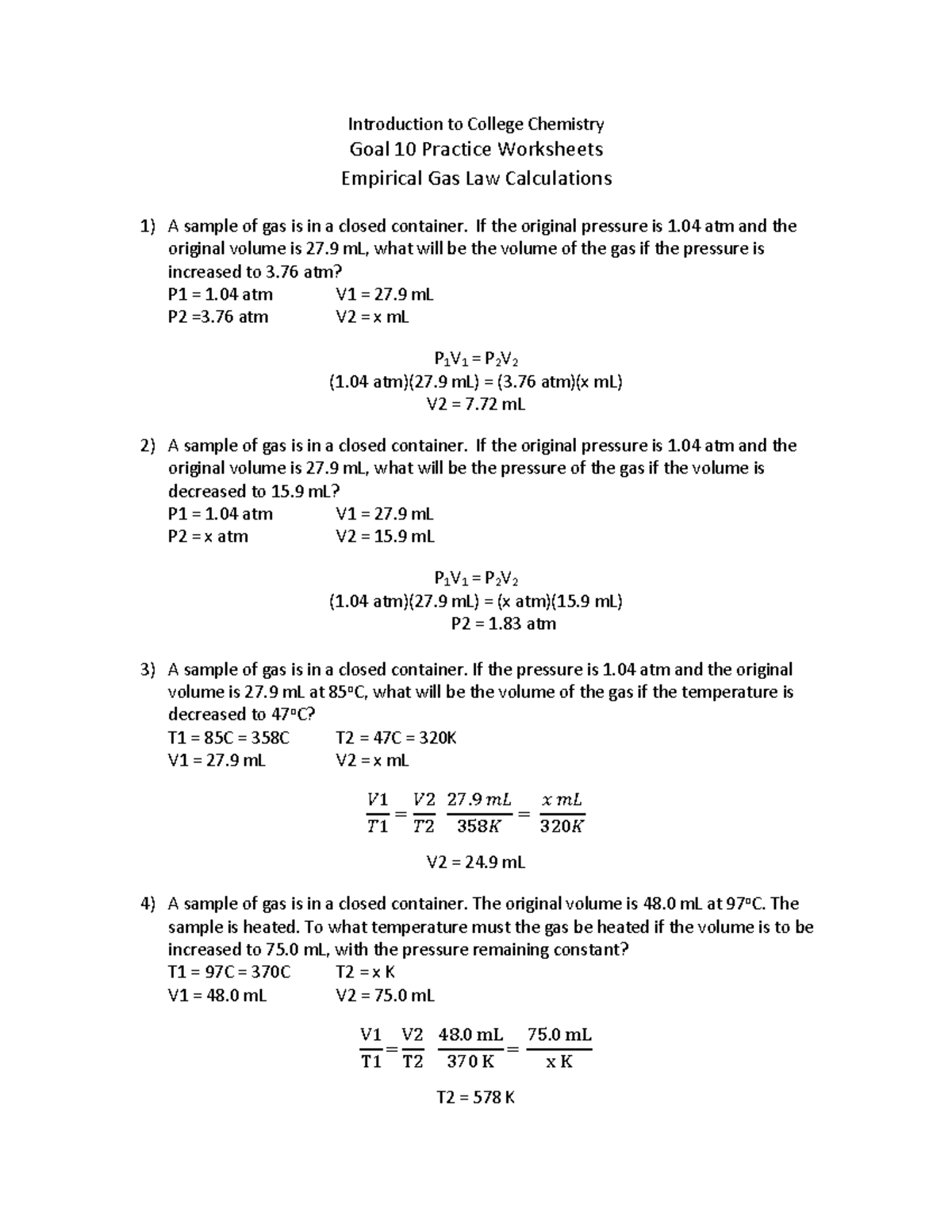 Goal 10 Practice Worksheet - Introduction to College Chemistry Goal 10 ...
