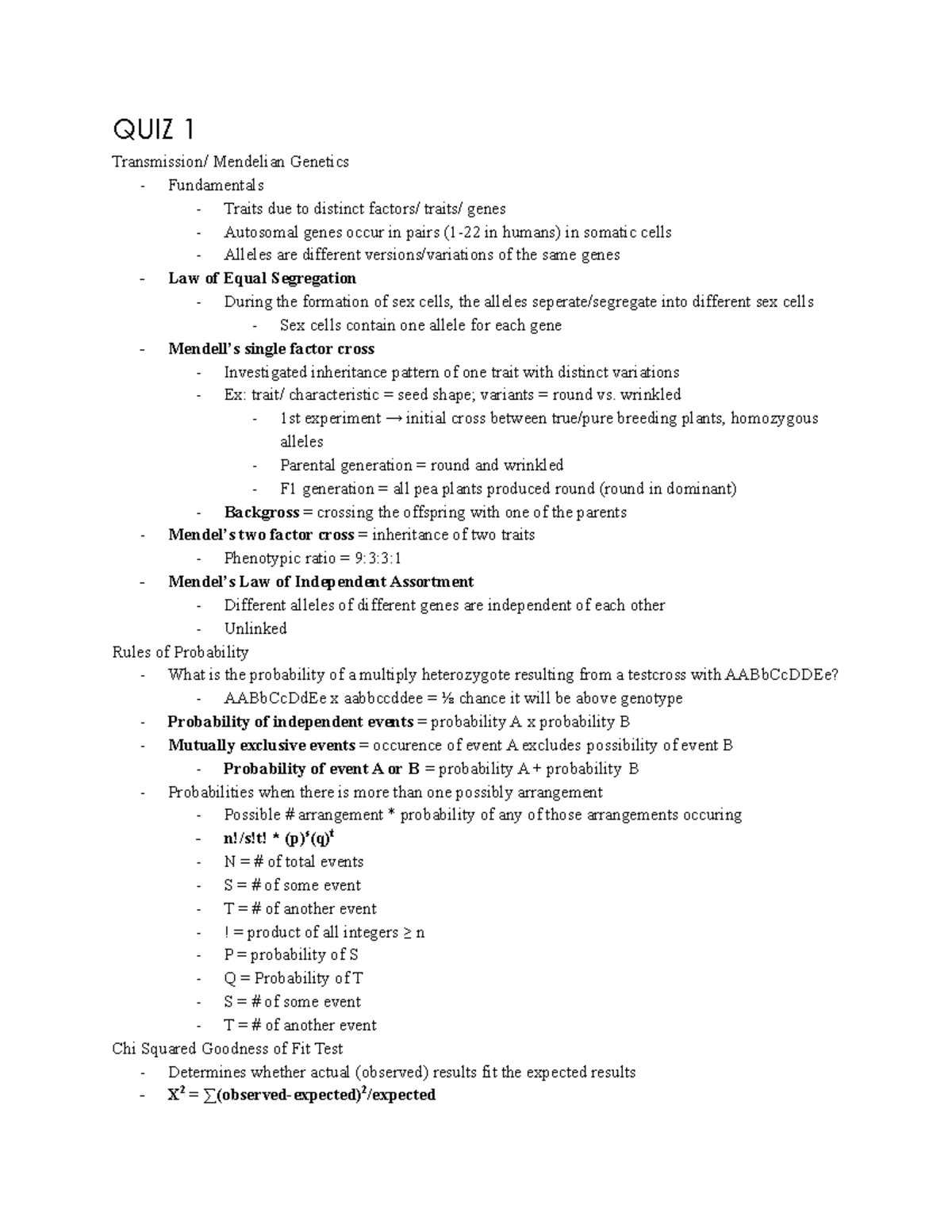 Genetics Test Study Guide 1 - QUIZ 1 Transmission/ Mendelian Genetics ...