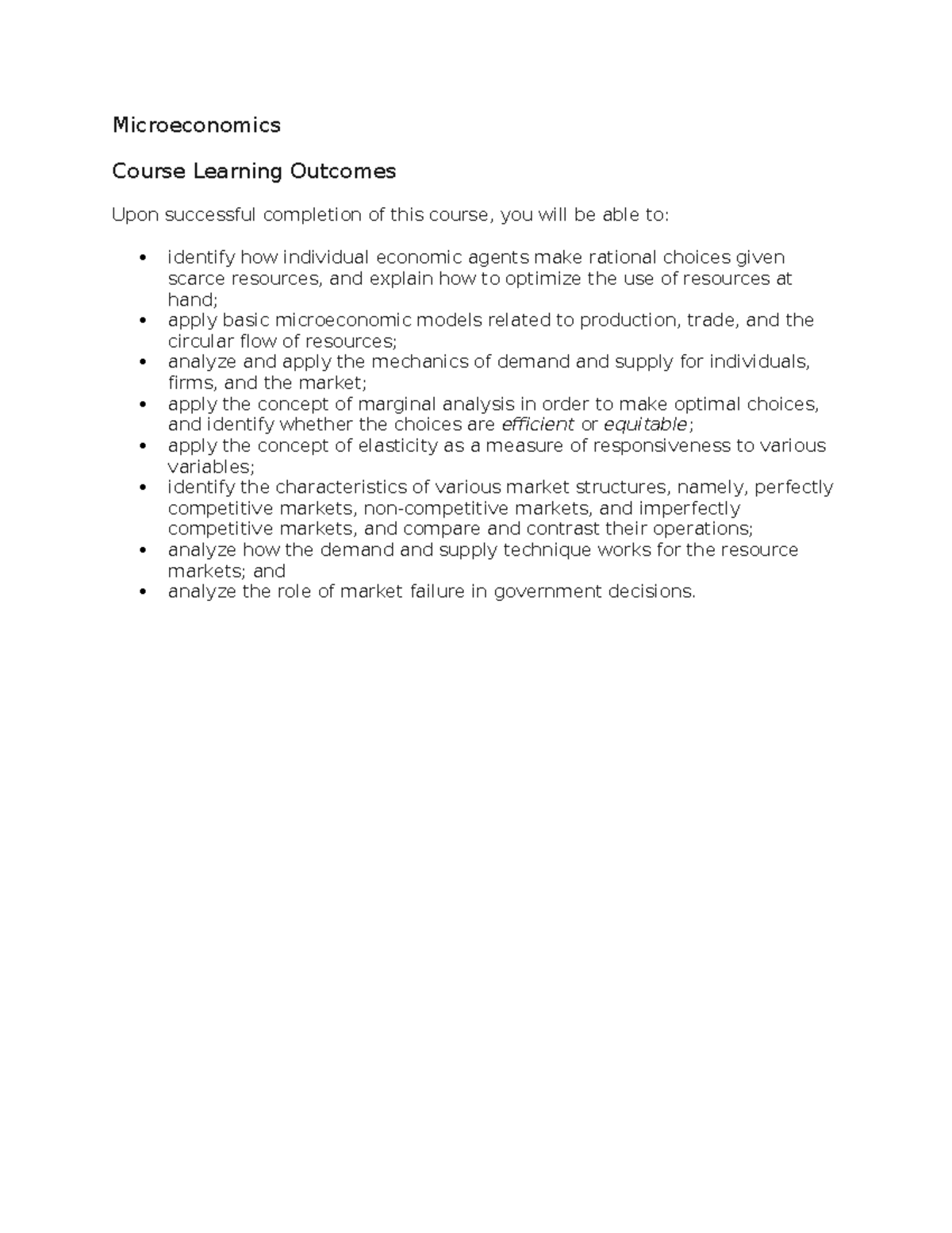 Microeconomics - summary - Microeconomics Course Learning Outcomes Upon ...