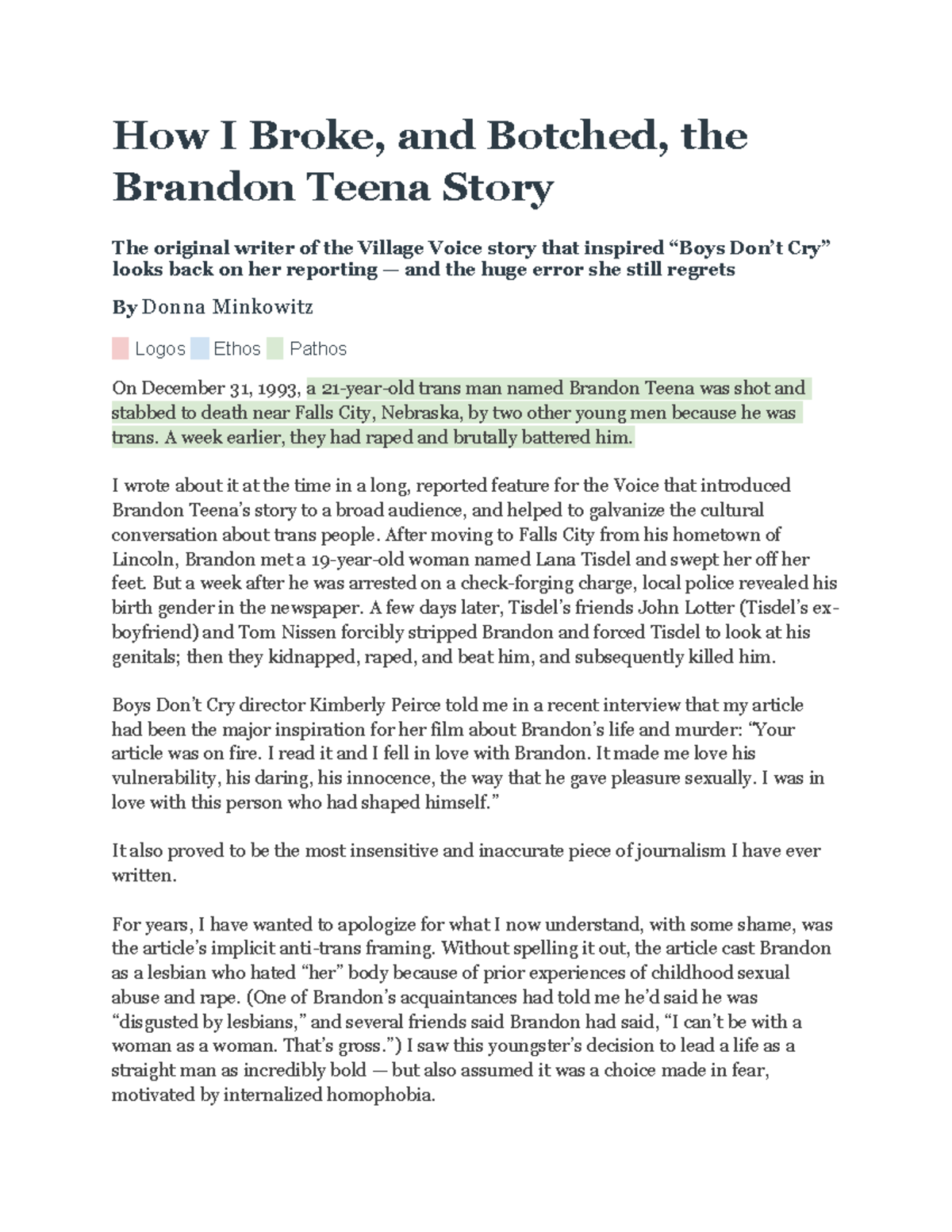 How I Broke, and Botched, the Brandon Teena Story by Donna Minkowitz ...