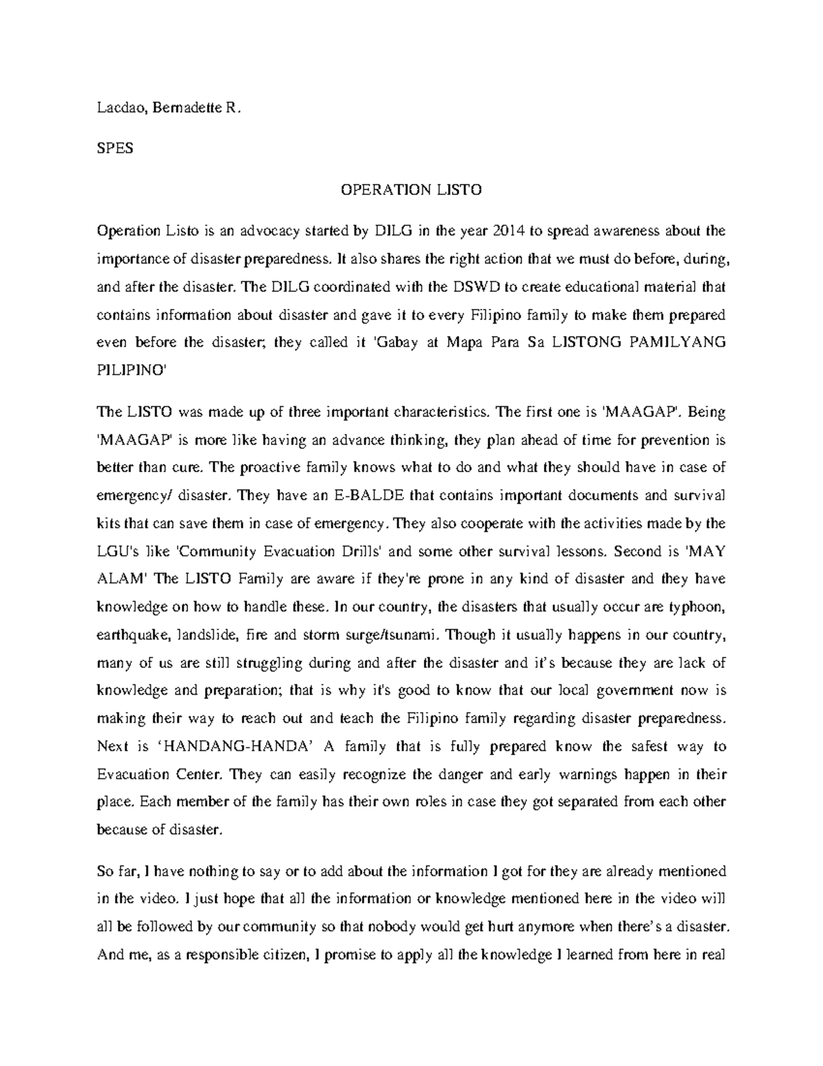 Listo- Pamilya - N/A - Lacdao, Bernadette R. SPES OPERATION LISTO ...