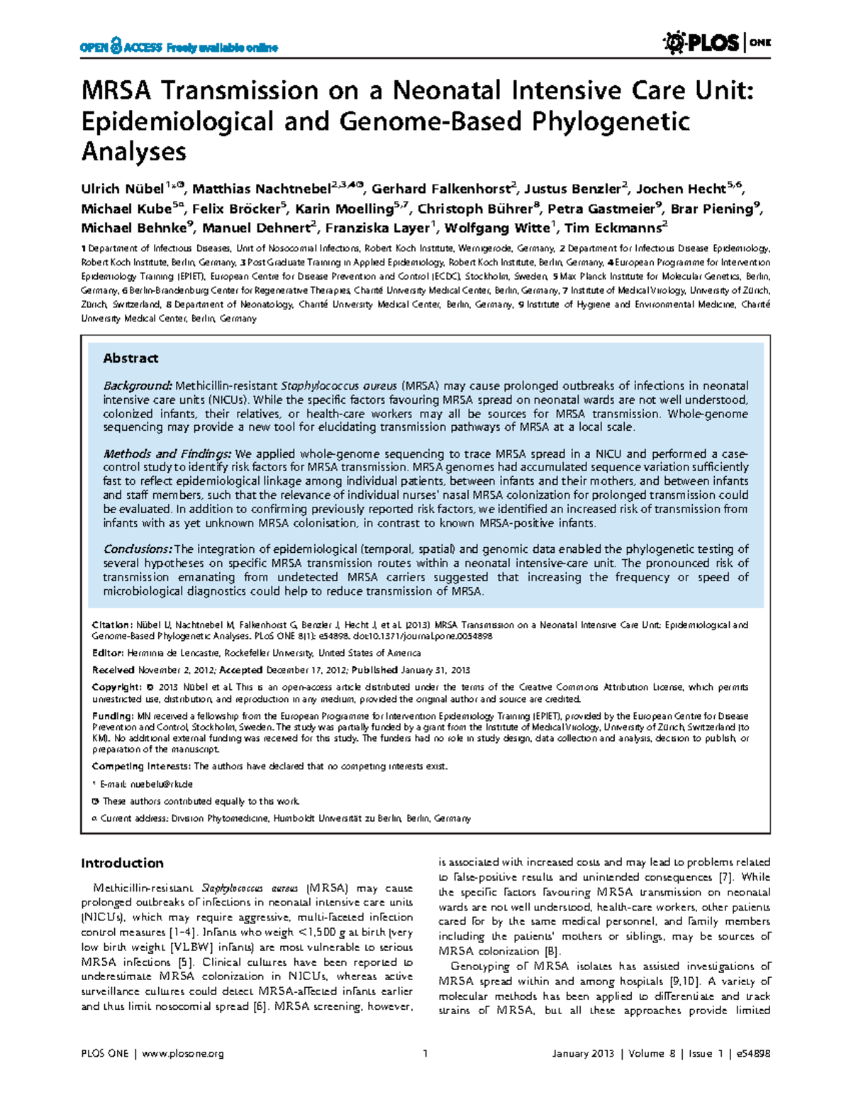 Journal - MRSA Transmission on a Neonatal Intensive Care Unit ...