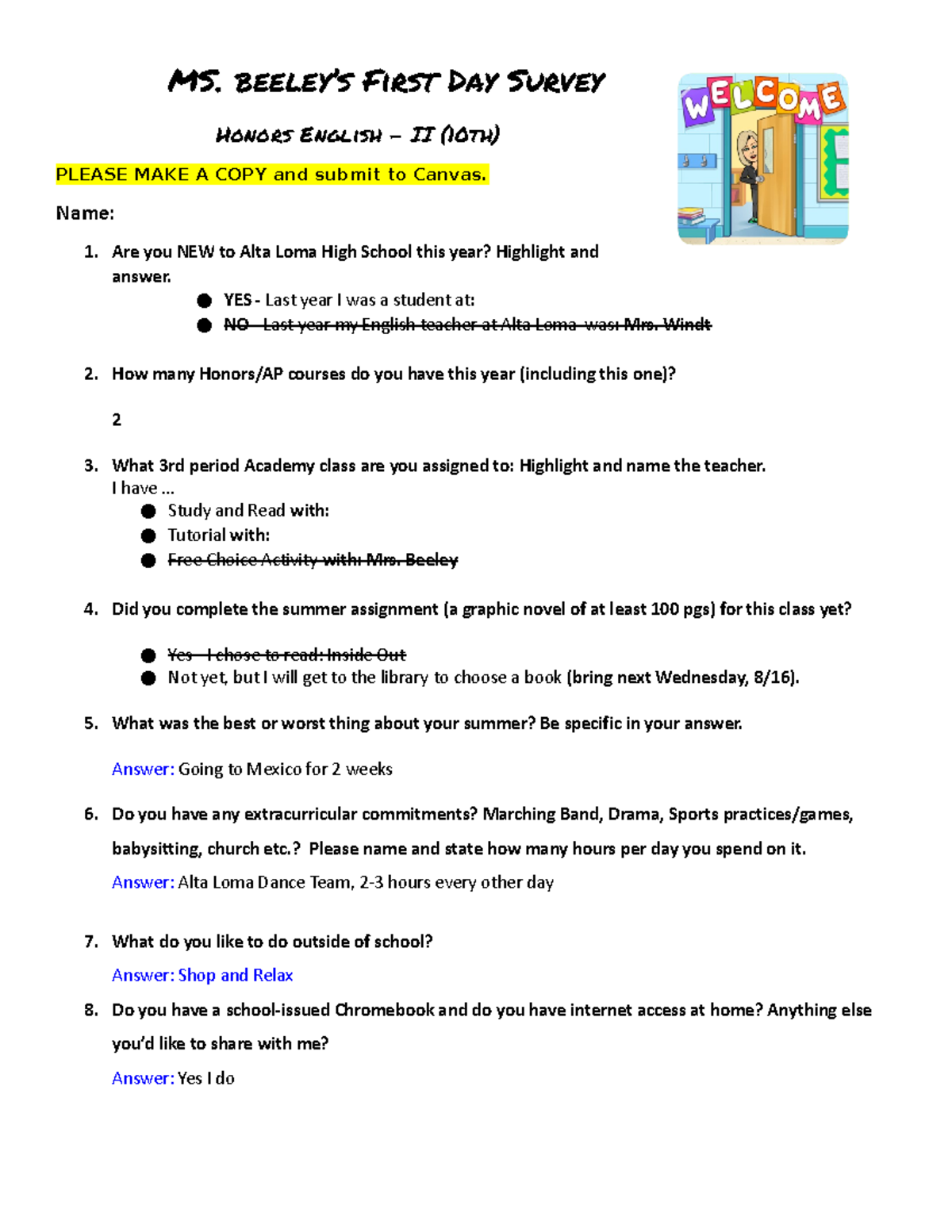 Copy of First Day Survey Honors Beeley - MS. beeley’s First Day Survey ...