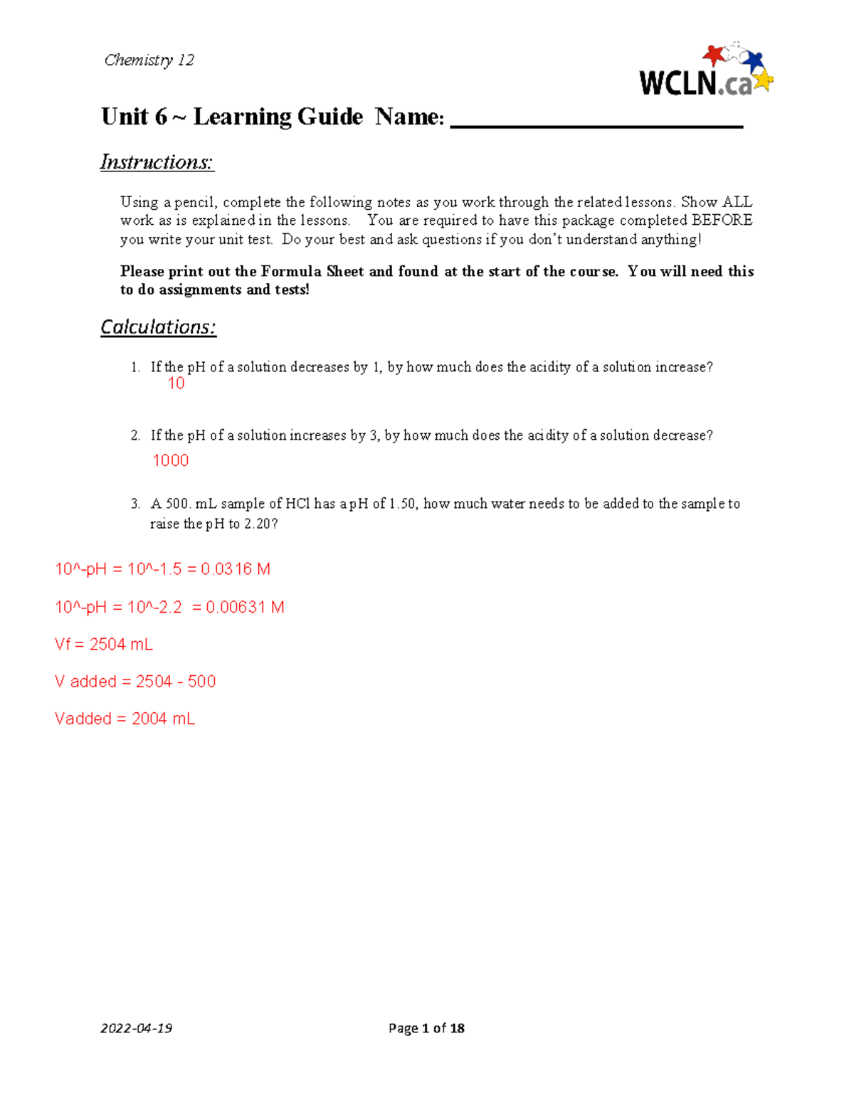 CH12 LG U6 Unit 6 ~ Learning Guide - Unit 6 ~ Learning Guide Name