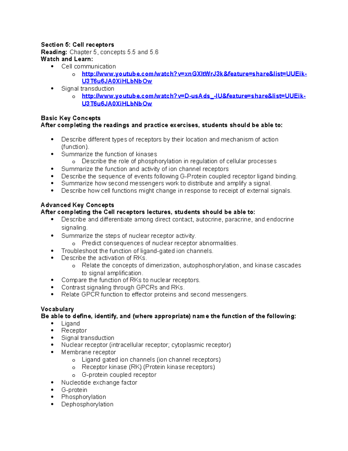 05 Cell receptors vocab and Key Concepts S14 - Section 5: Cell ...