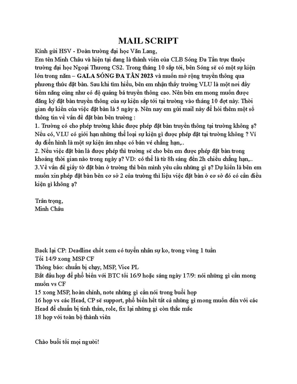 MAIL Script - MAIL SCRIPT Kính gửi HSV - Đoàn trường đại học Văn Lang ...