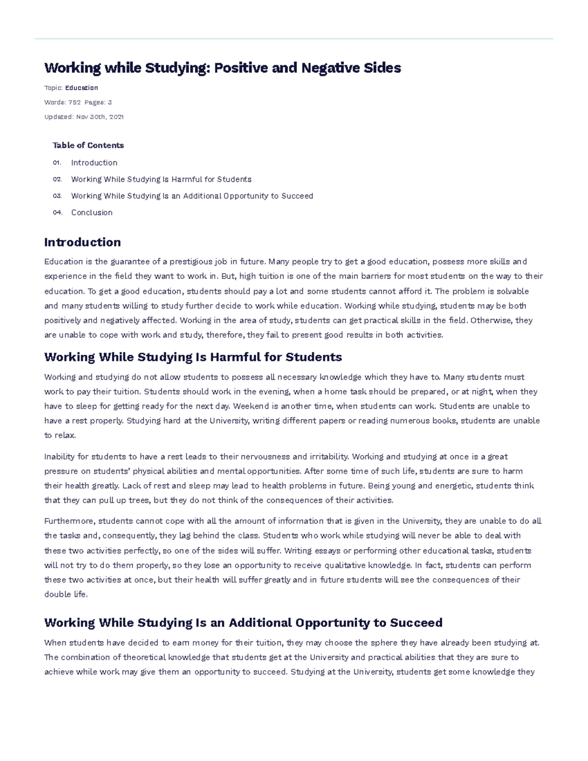 Working while Studying- Positive and Negative Sides Free Essay Example ...