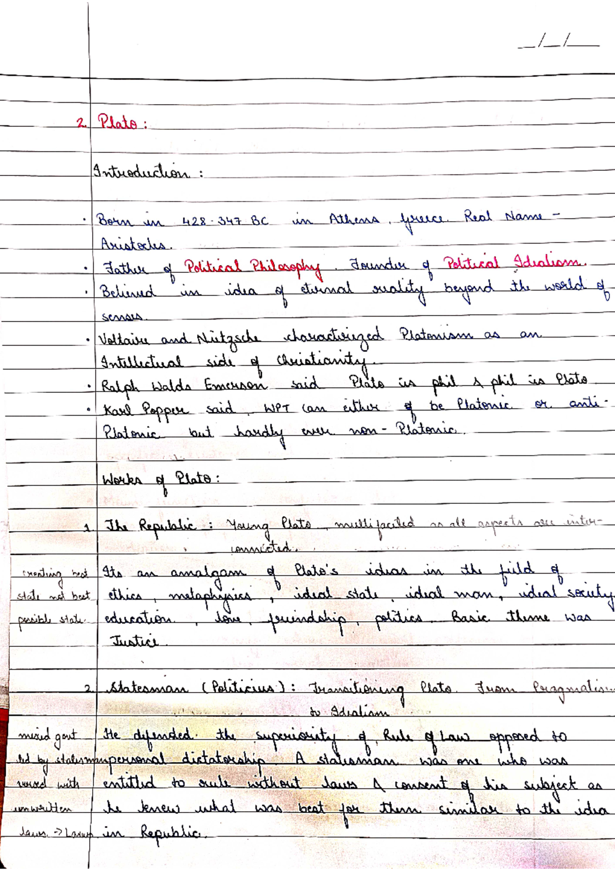 Plato handwritten notes - 2. Plato: Introduction : Born in 428 BC in ...