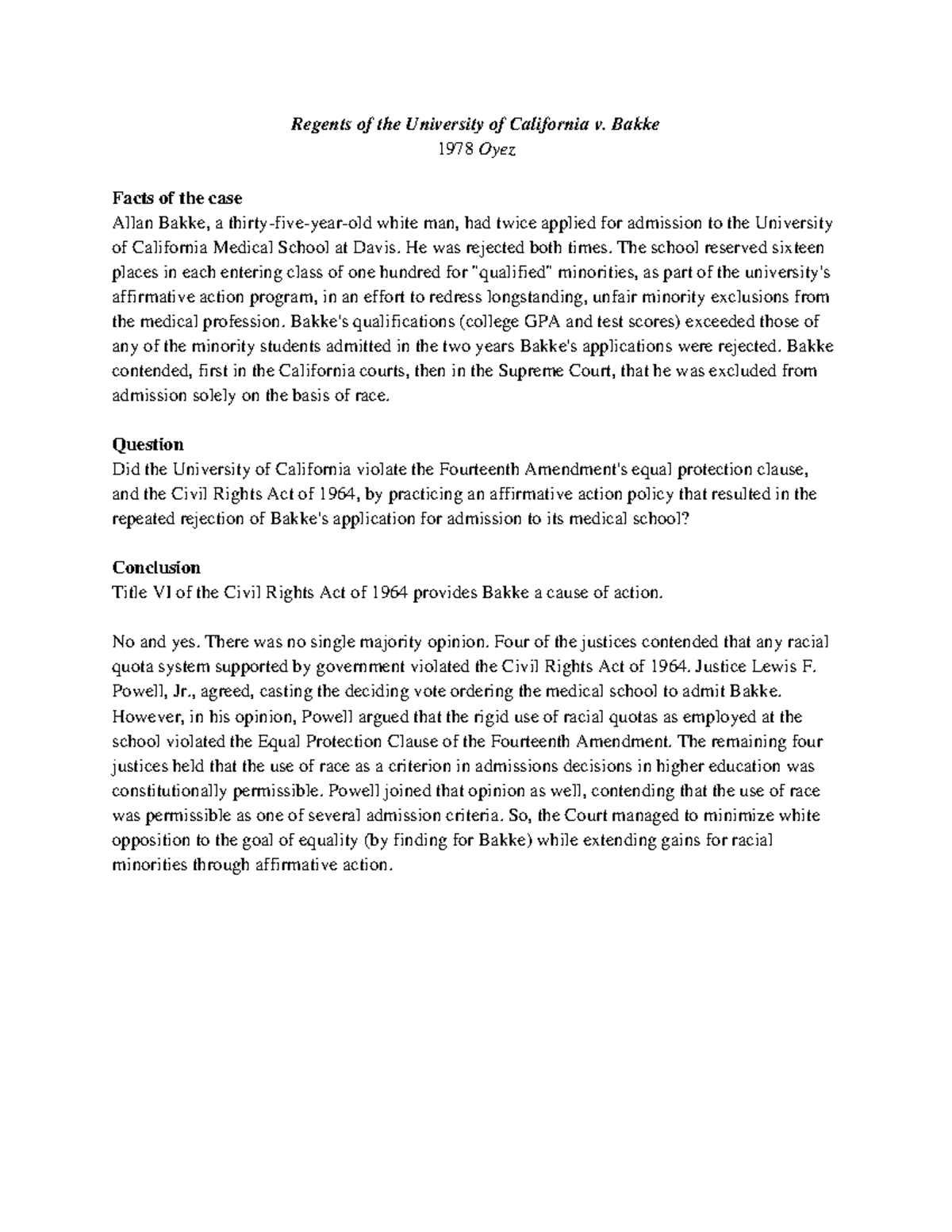 Oyez Regents of the University of California v. Bakke - Regents of the ...