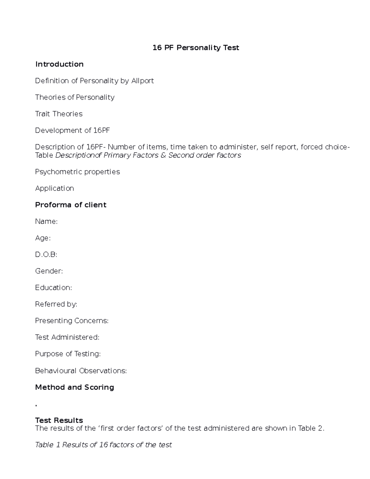 16 PF Report Format - 16 PF Personality Test Introduction Definition of ...