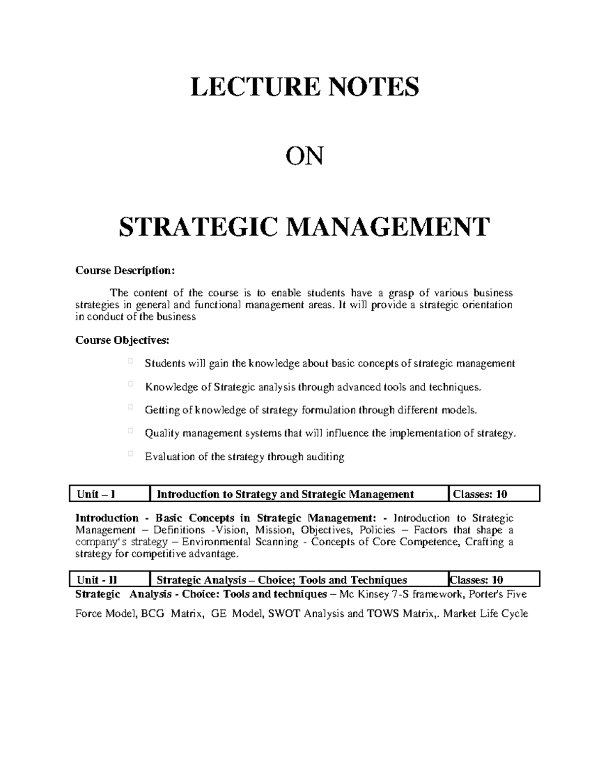 Strategic Management Notes - LECTURE NOTES ON STRATEGIC MANAGEMENT ...