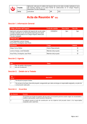 Acta de Reunión N001 - Proyecto: Aplicación web para el análisis del impacto del uso de redes ...