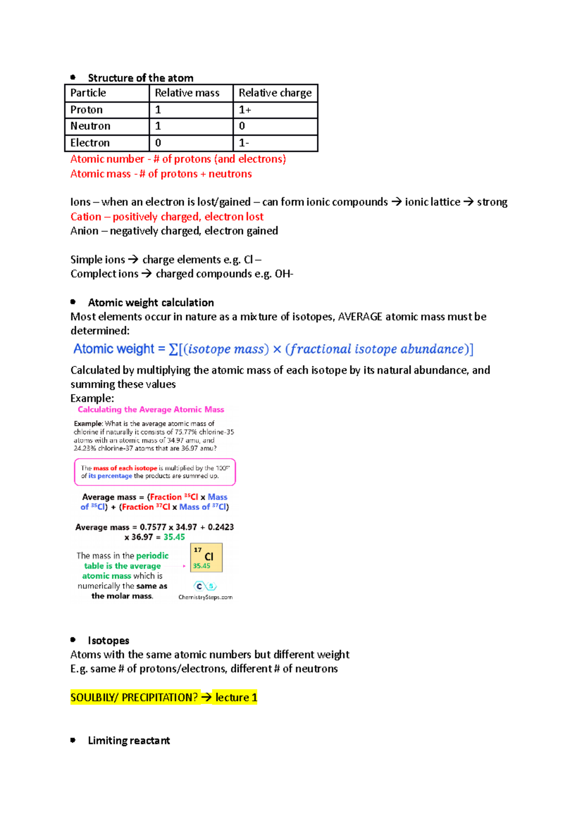 Chem assessment notes - Structure of the atom Particle Relative mass ...