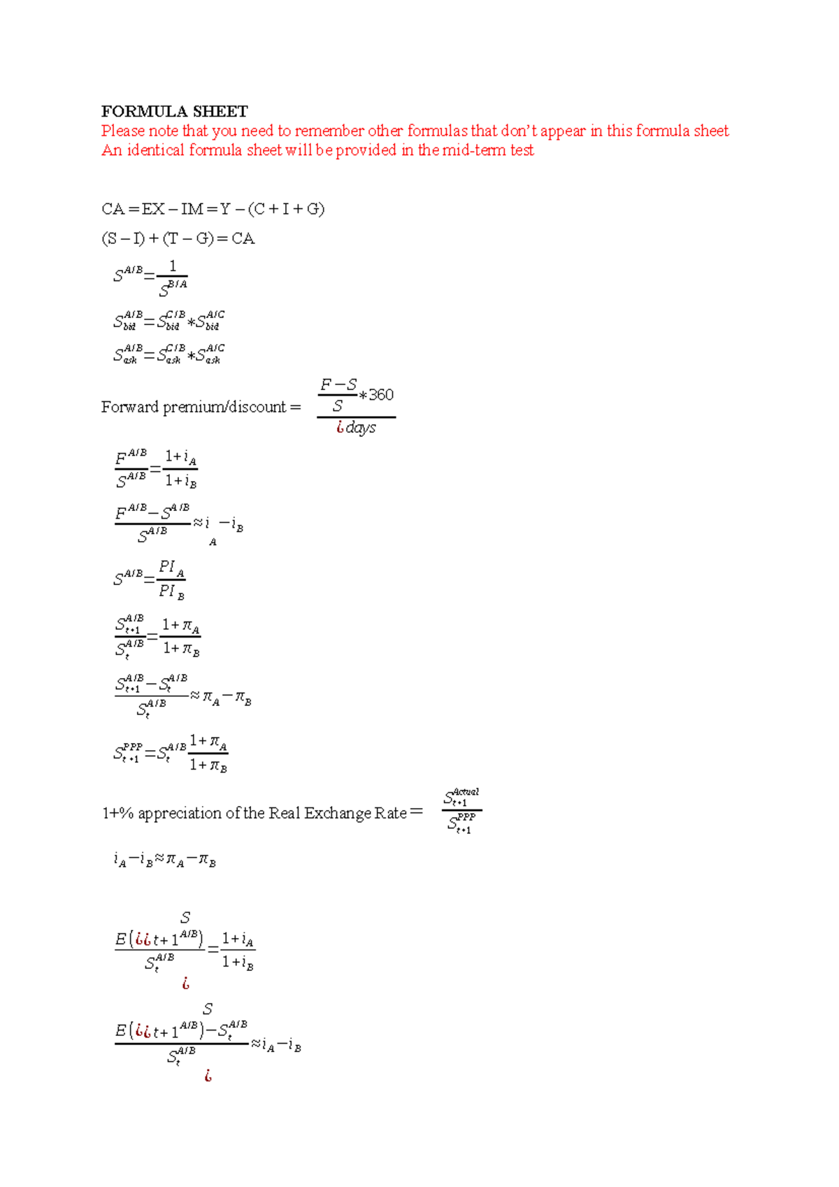Formula Sheet mid-term - FORMULA SHEET Please note that you need to ...