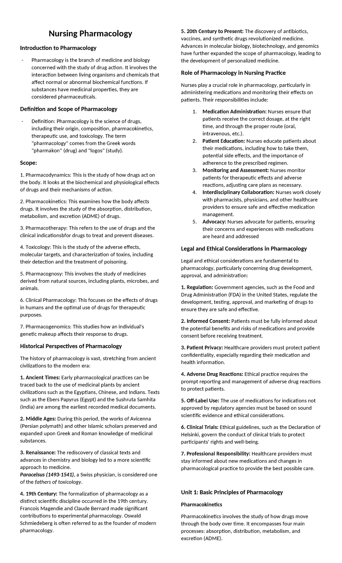 Pharmacology Unit 1 - Nursing Pharmacology Introduction to Pharmacology ...