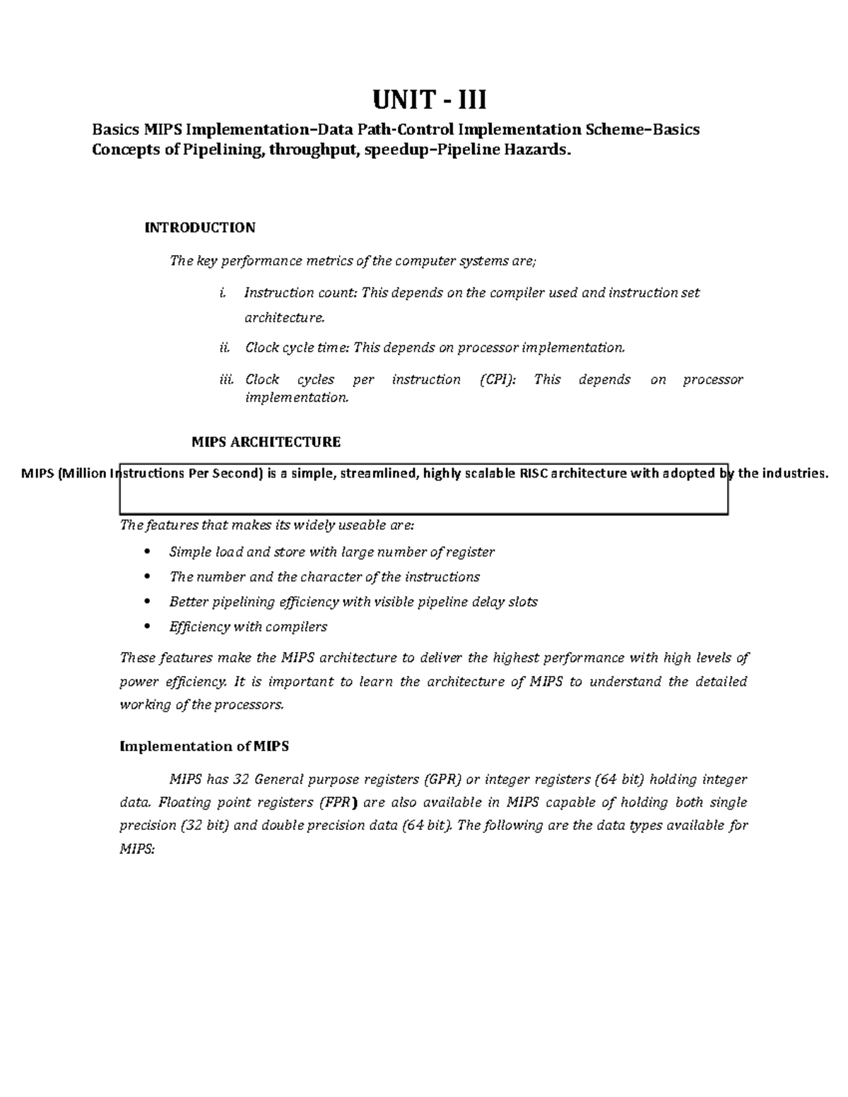 Unit 3 - UNIT 3 NOTES - MIPS (Million Instructions Per Second) is a ...