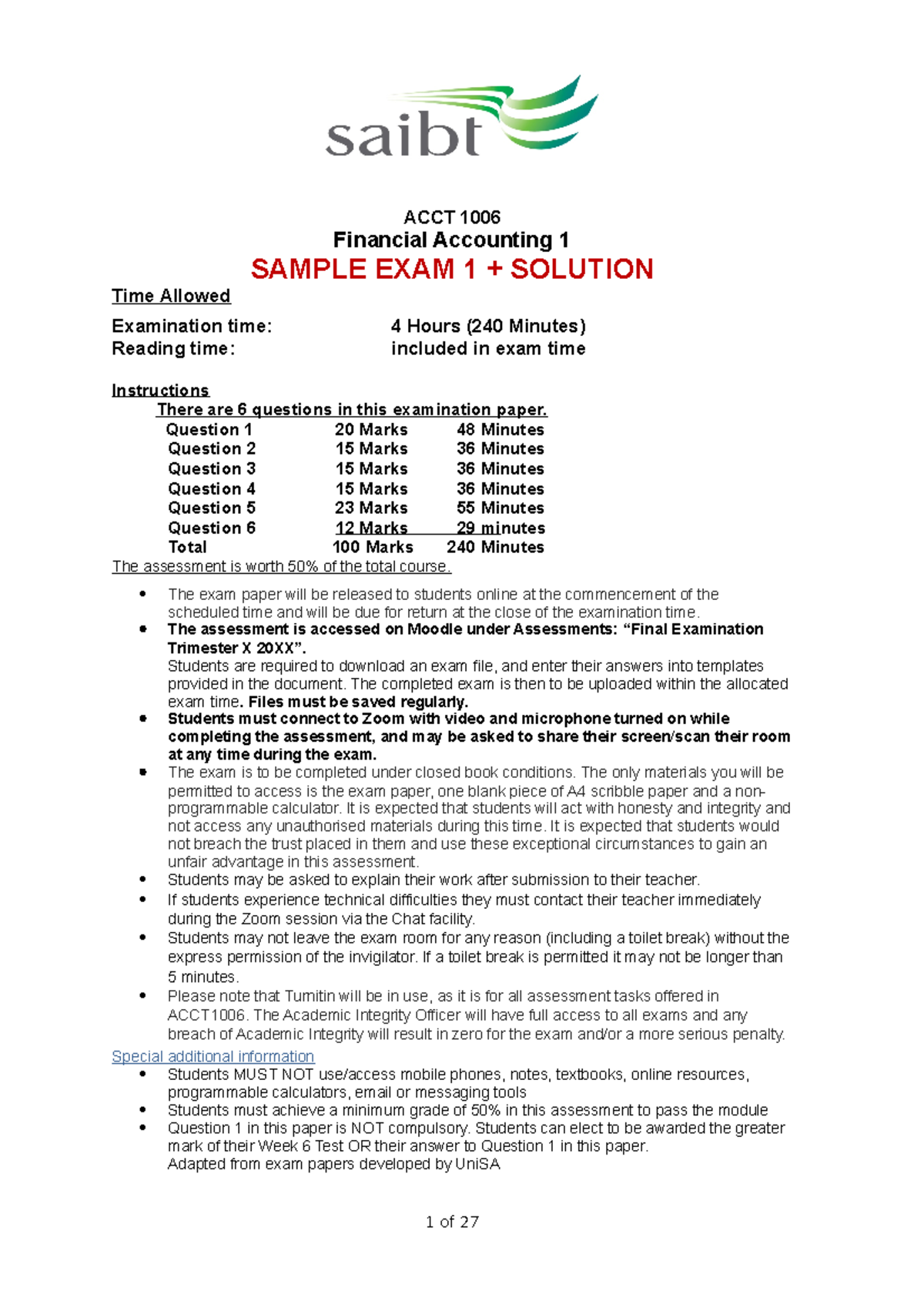 Financial Accounting 1 Sample Exam #1 with Solutions 2020 - ACCTING ...