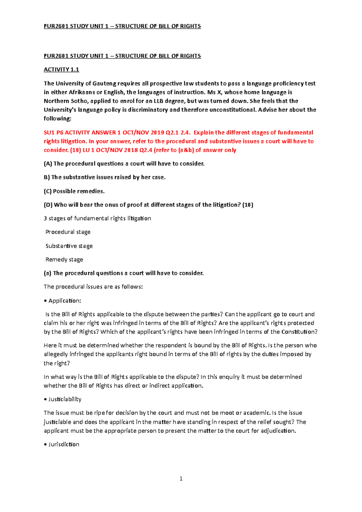 Study UNIT 1 - Structure OF BILL OF Rights - FUR2601 STUDY UNIT 1 ...