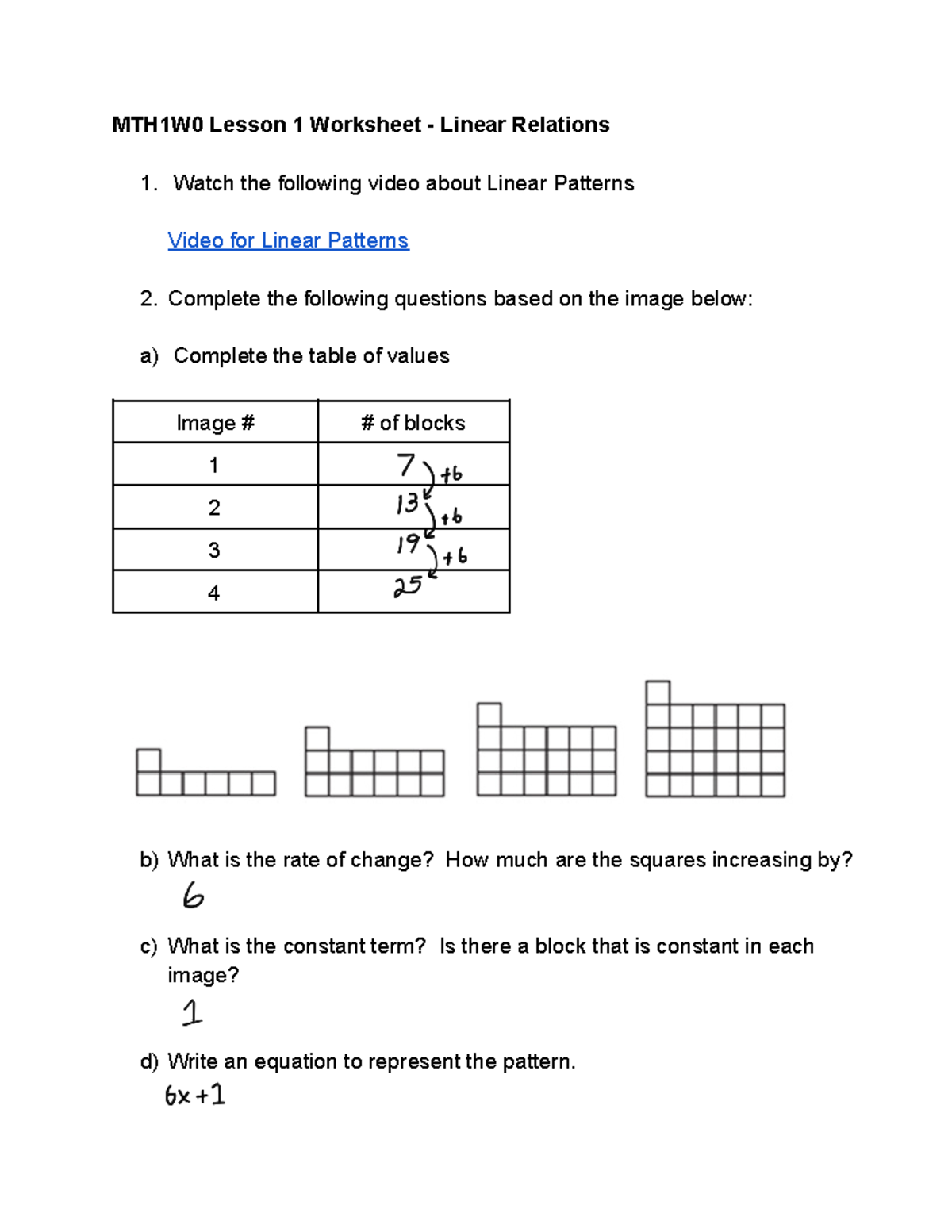 Lesson 1 Linear Relations worksheet - mth 314 - Toronto Met - Studocu