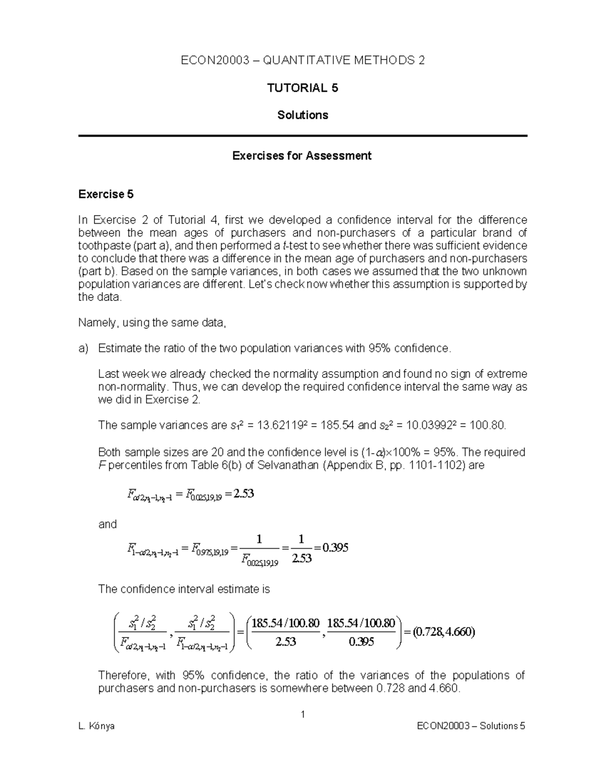 Tutorial 5 solutions - great - 1 ECON20003 – QUANTITATIVE METHODS 2 TUTORIAL 5 Solutions ...