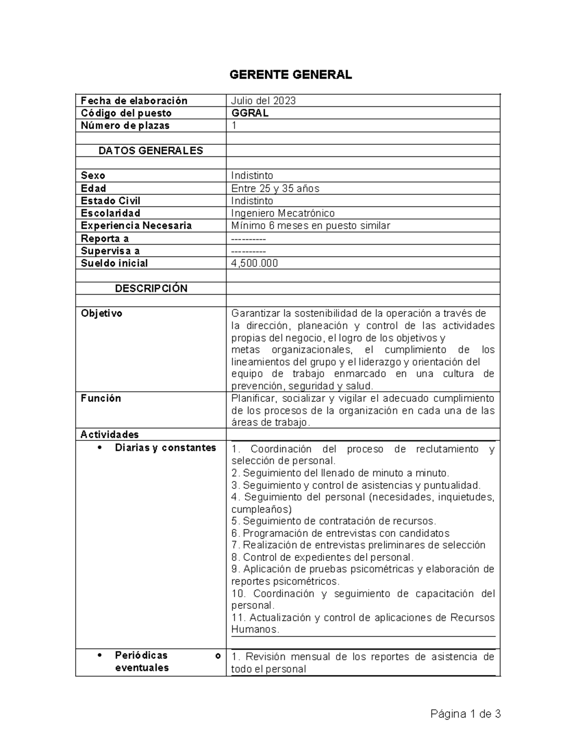 Formato Descripción DE Cargos - GERENTE GENERAL Fecha de elaboración ...