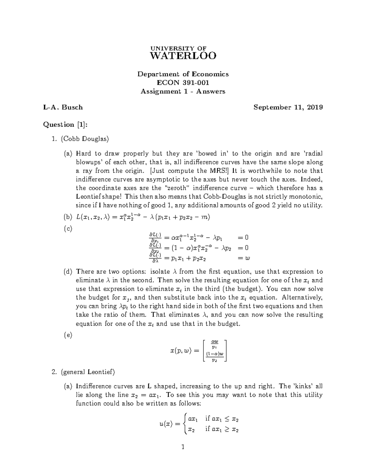 Ans1 - assignment - UNIVERSITY OF WATERLOO Department of Economics ECON ...