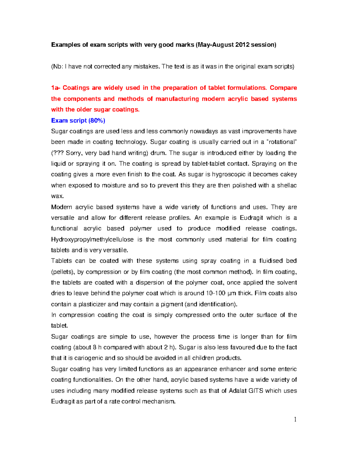 MP409 examples class exam - Examples of exam scripts with very good ...