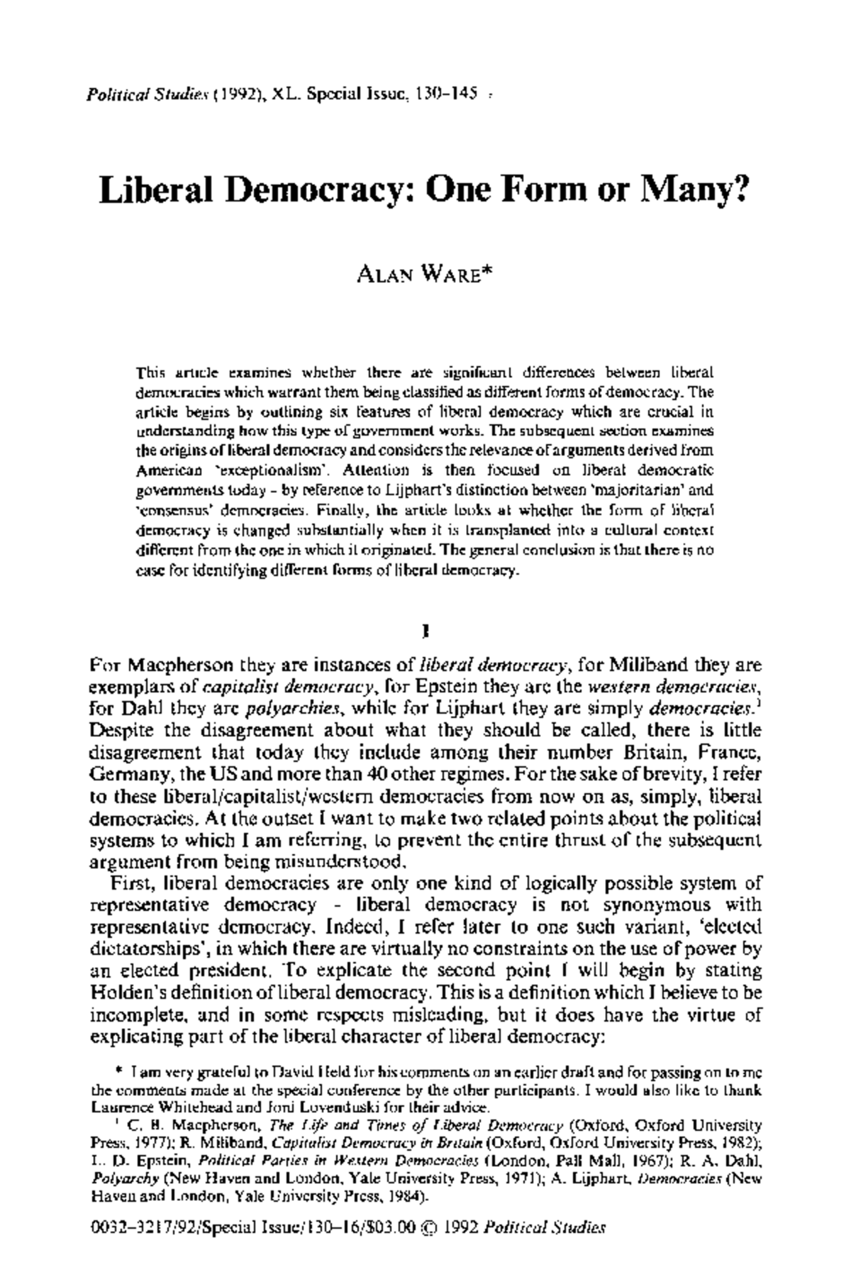 Ware 1992 liberal democracy one form or many - Political Studies (1 992 ...
